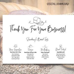 Sourdough Care Card, Bread Thank You; Printable Bread Loaf Storage ...
