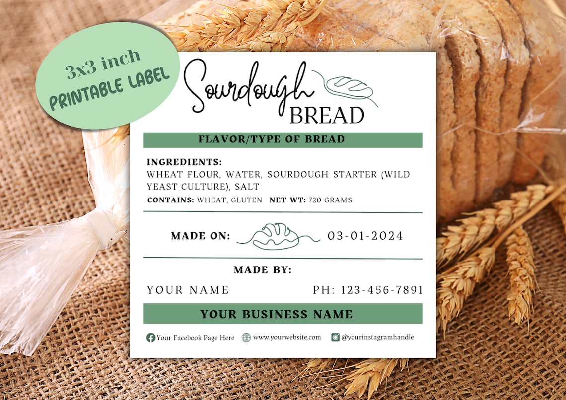Sourdough Ingredient Label Card, Bread Made on & Made By; Square ...