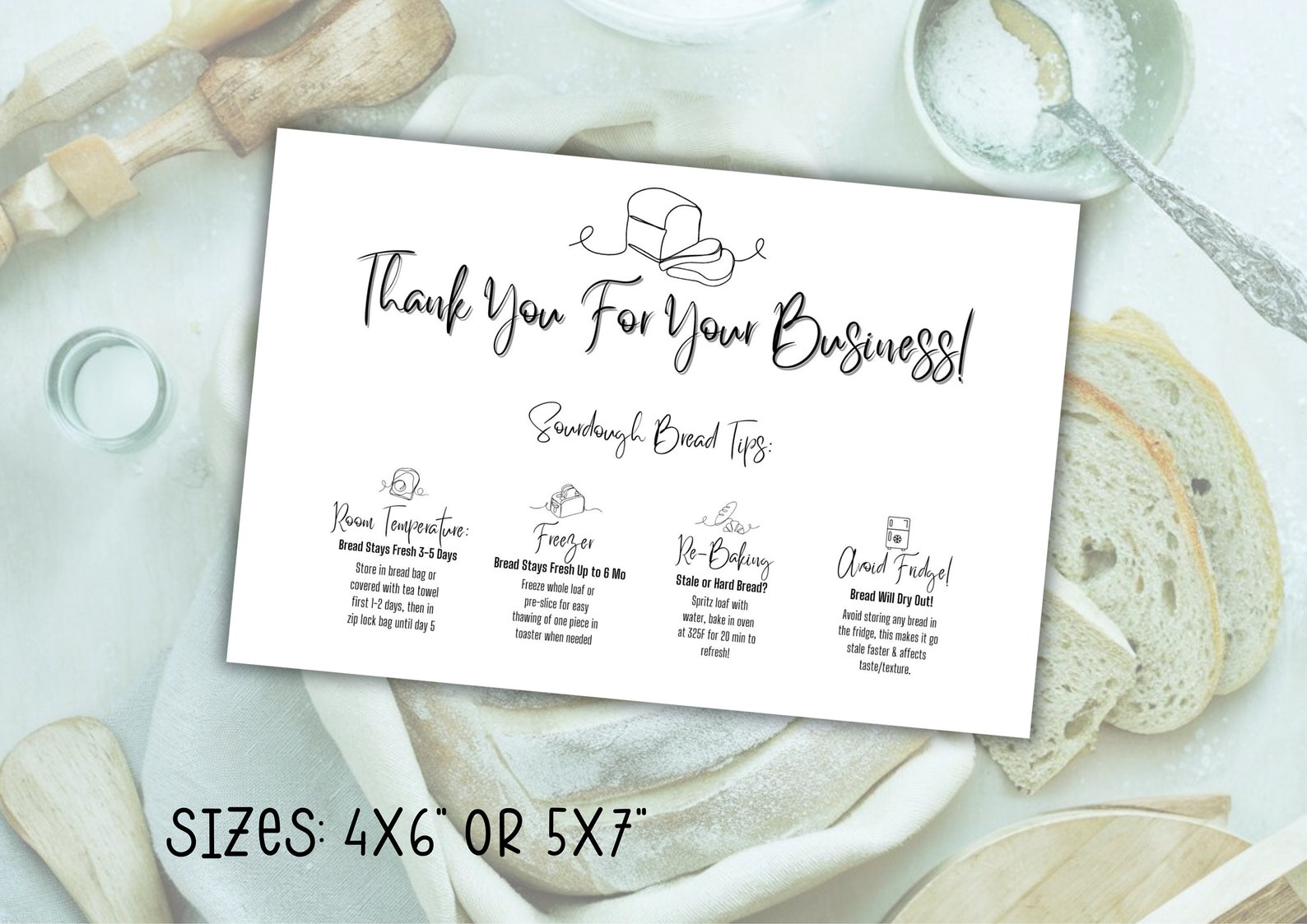 Sourdough Care Card, Bread Thank You; Printable Bread Loaf Storage ...