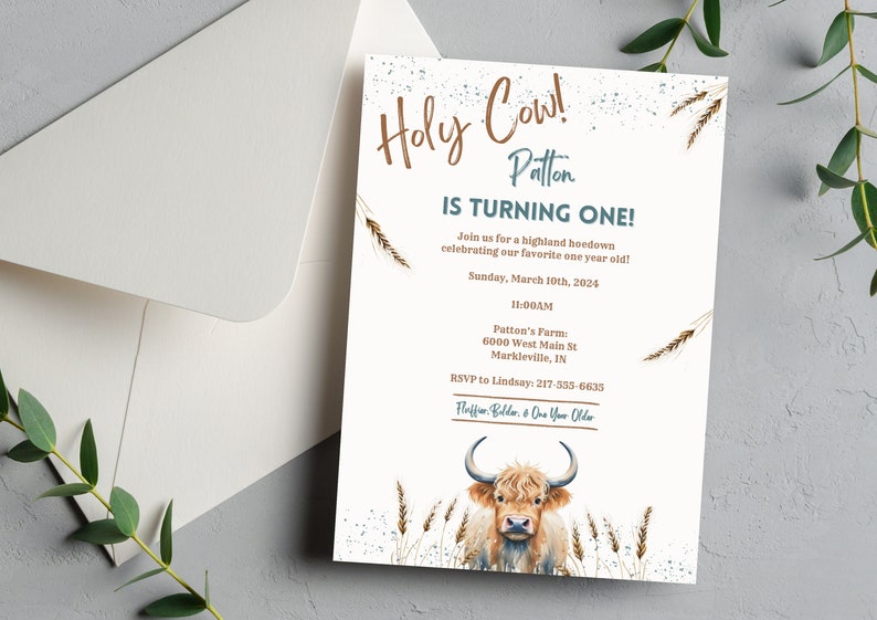 Holy Cow I'm One Invitation; Highland Cow Theme First Birthday Invite ...