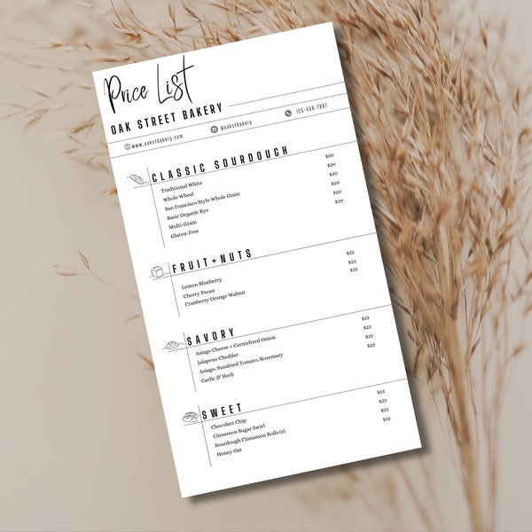 Printable Price List Template Bread - Etsy
