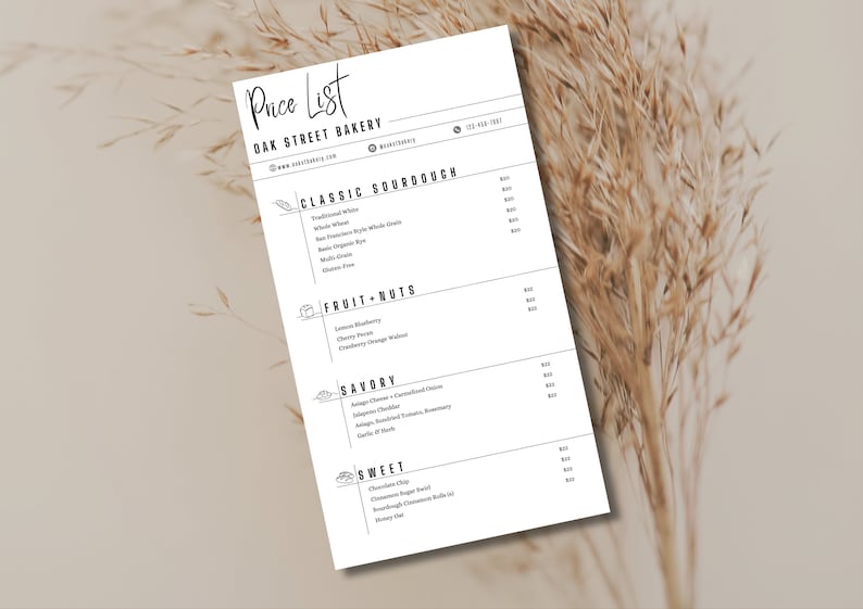 Sourdough Bread Price List, Loaf Pricing Print; Custom Bakery Menu ...