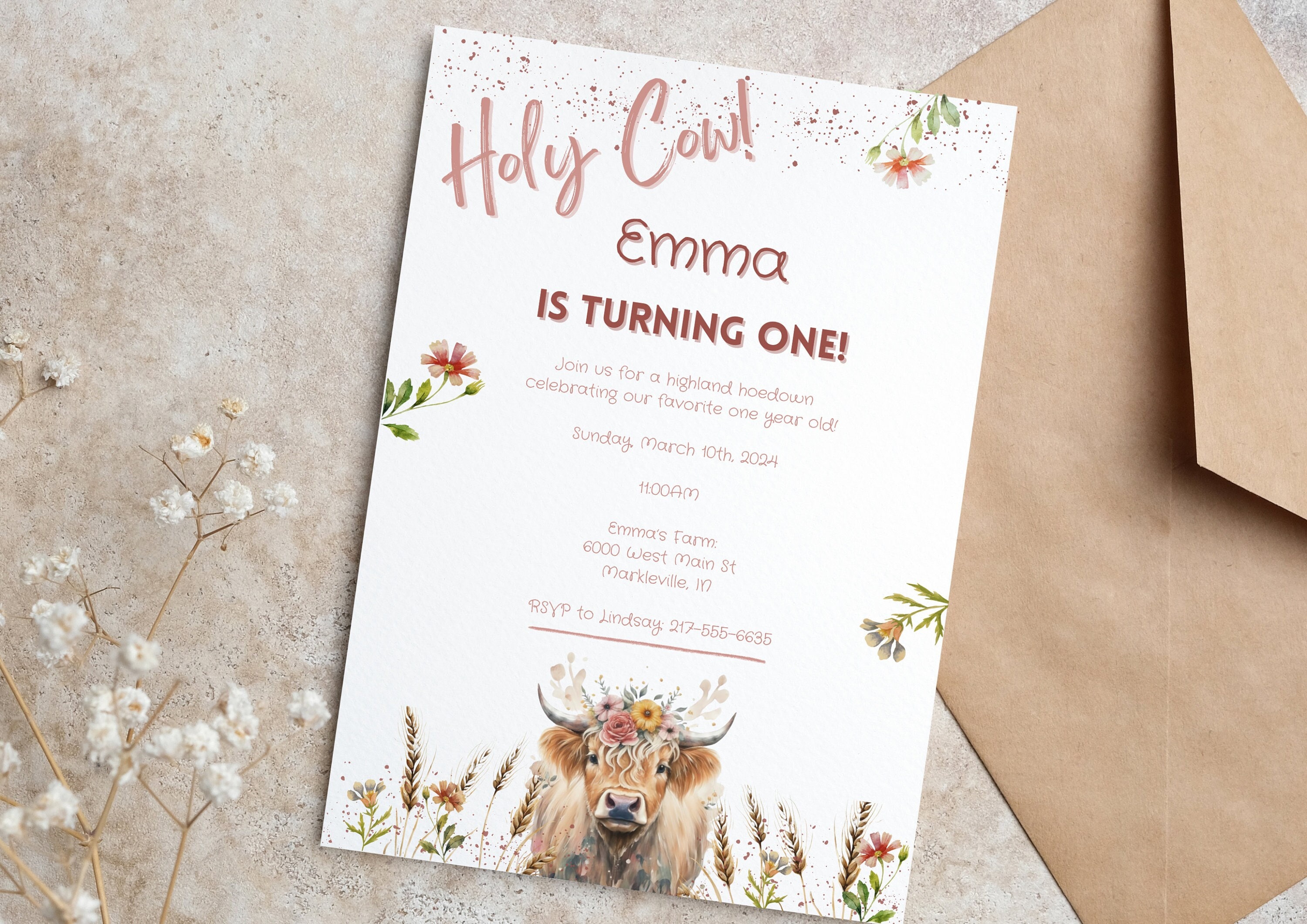 Holy Cow I'm One Birthday Invitation; Little Girl Highland Cow Theme ...