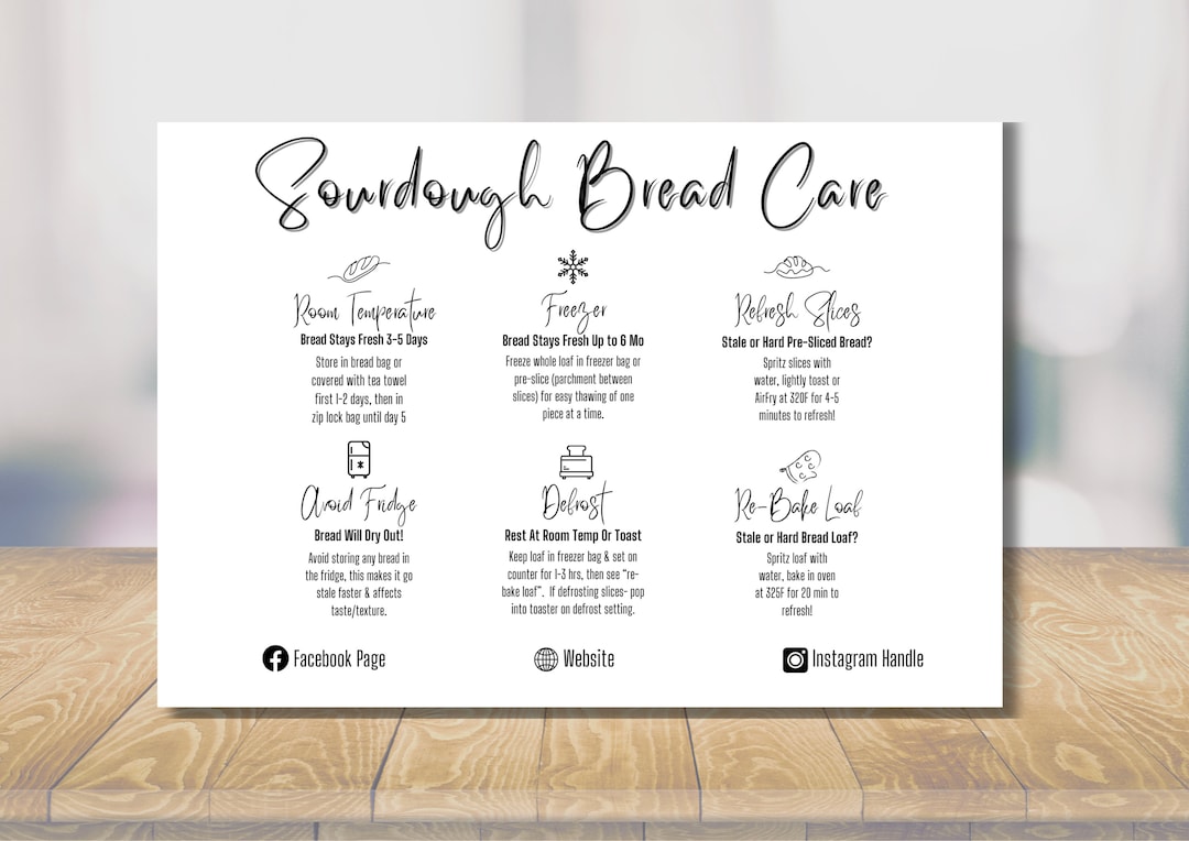 Sourdough Bread Care Card; Bread Loaf Storage Instructions, Printable ...