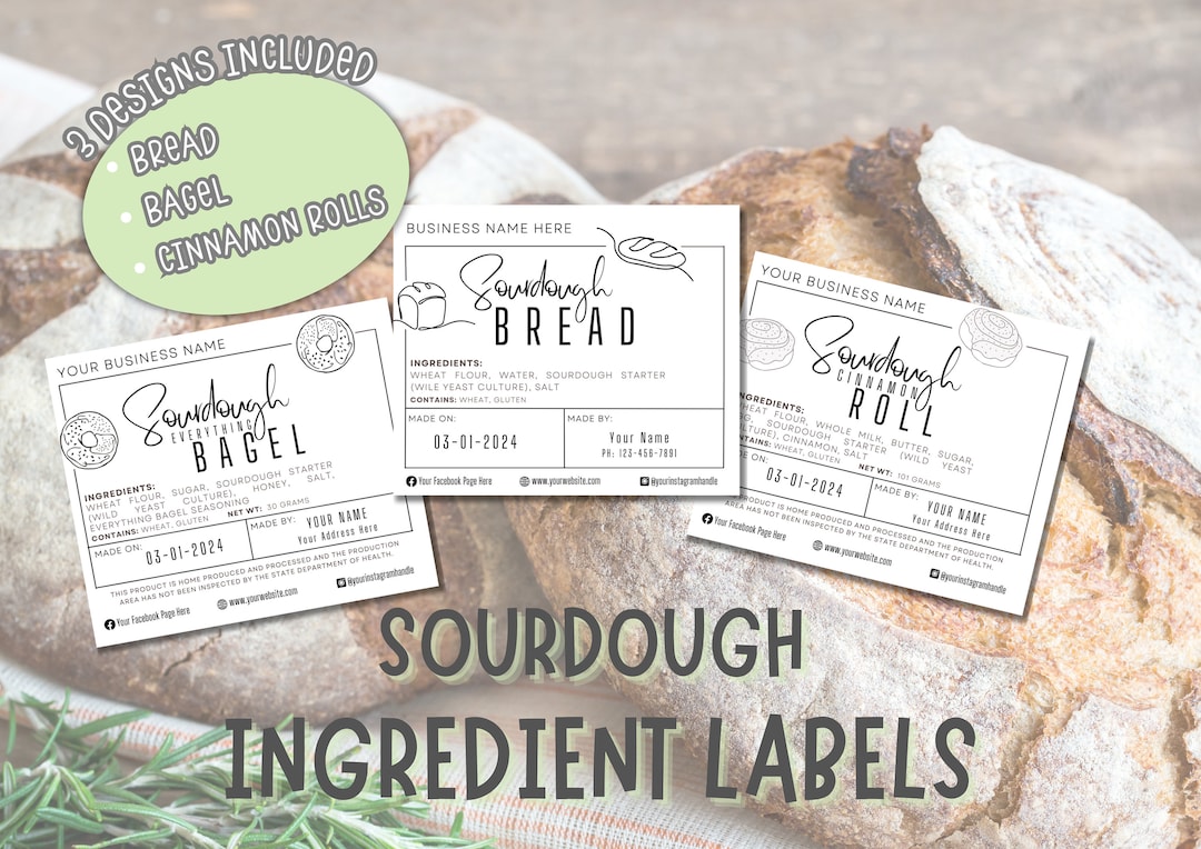 Sourdough Ingredient Label Bundle, Bread, Bagel, Cinnamon Roll; Custom ...
