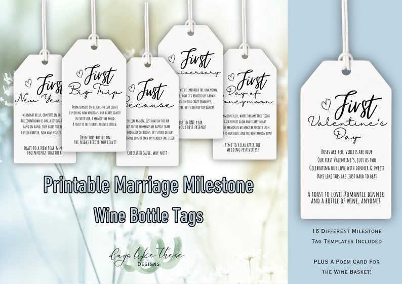 First Year of Marriage Milestone Wine Tags; Newlywed Gift Basket; Wine ...