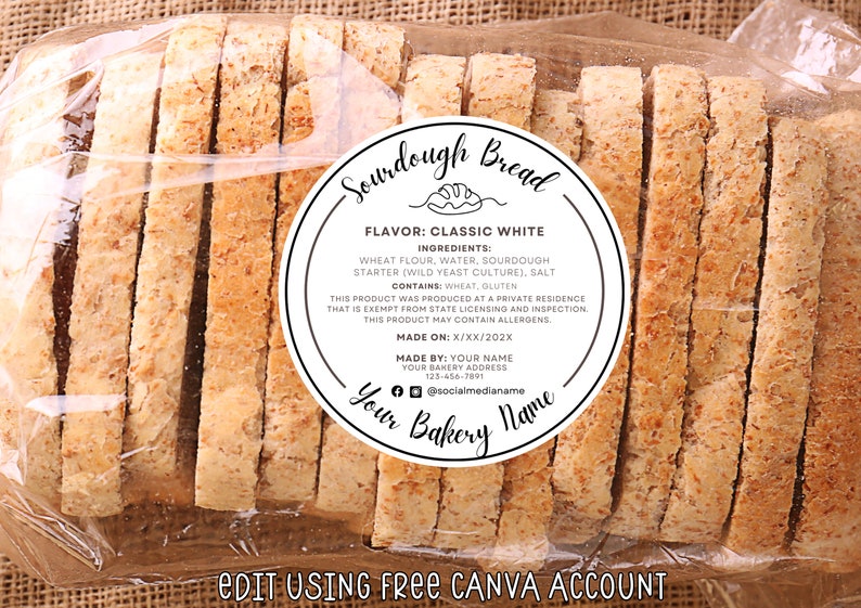 Cottage Law Sourdough Ingredient Label, Bread Bakery Business Label ...