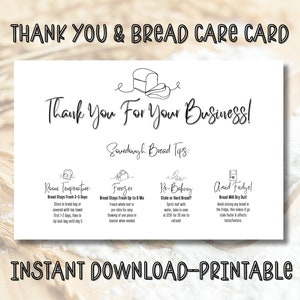 Sourdough Care Card, Bread Thank You; Printable Bread Loaf Storage ...