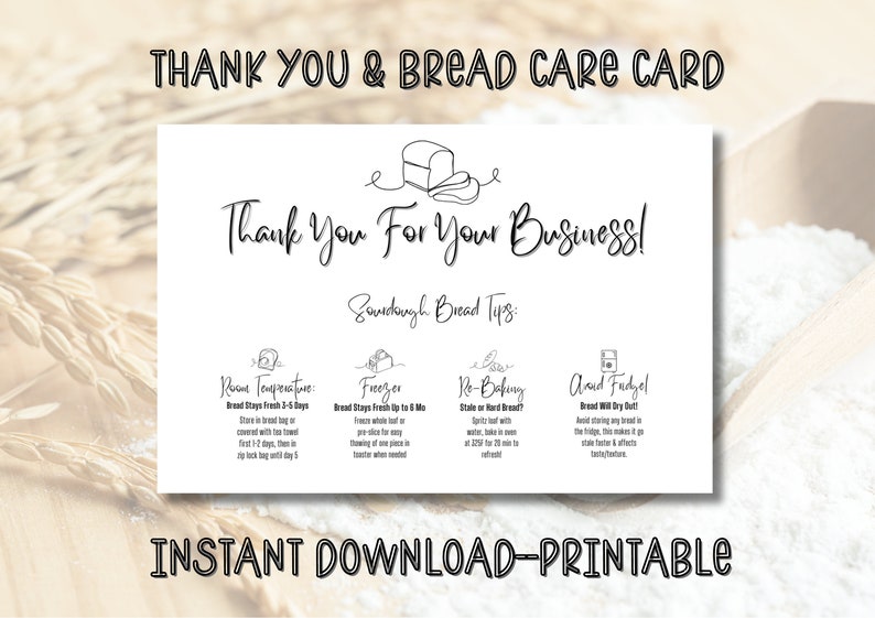 Sourdough Care Card, Bread Thank You; Printable Bread Loaf Storage ...