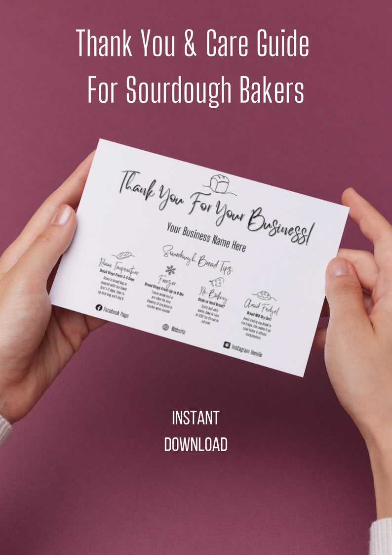 Sourdough Care Card, Bread Thank You; Bread Loaf Storage Instructions ...