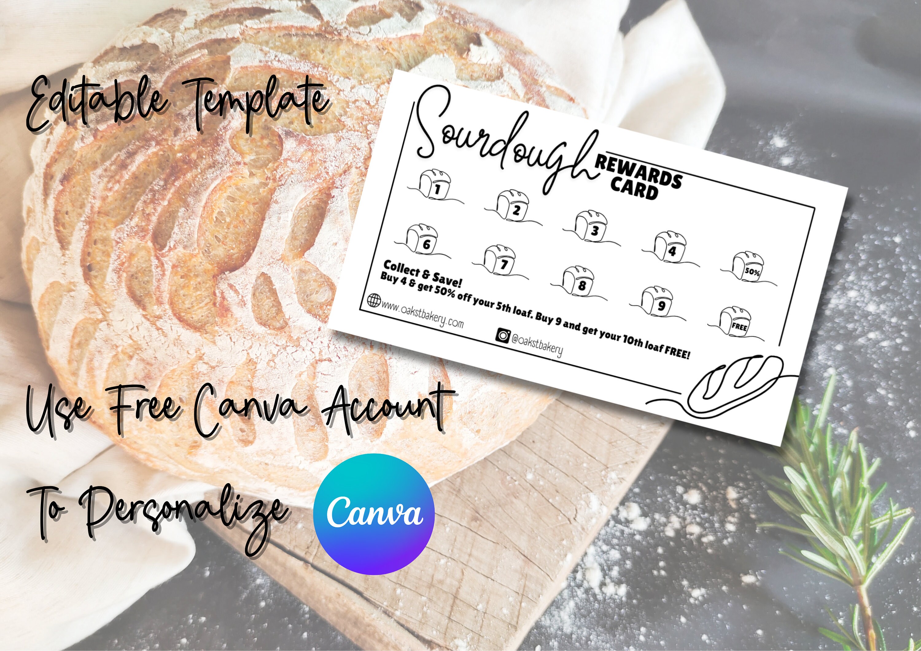 Sourdough Rewards Card; Bakery Loyalty Punch Card; Bread Loaf Home ...