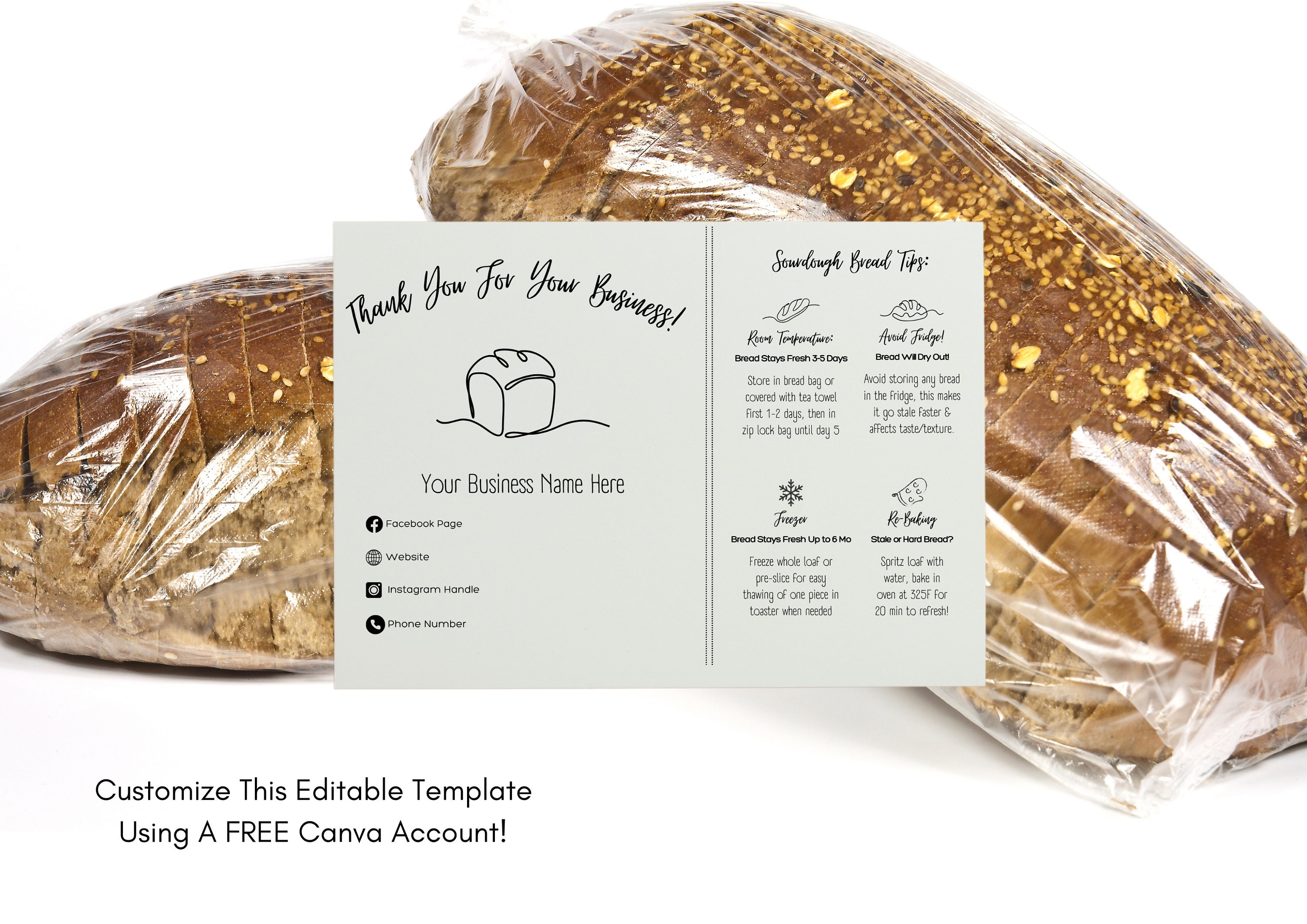 Sourdough Care Card, Bread Thank You; Bread Loaf Storage Instructions ...