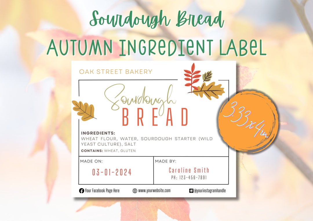 Fall Sourdough Ingredient Label, Autumn Bread Stickers for Home Baker ...