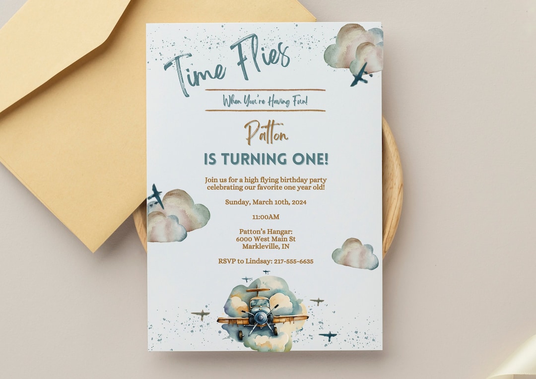 Time Flies Birthday Invitation; Airplane Theme First Birthday Invite ...