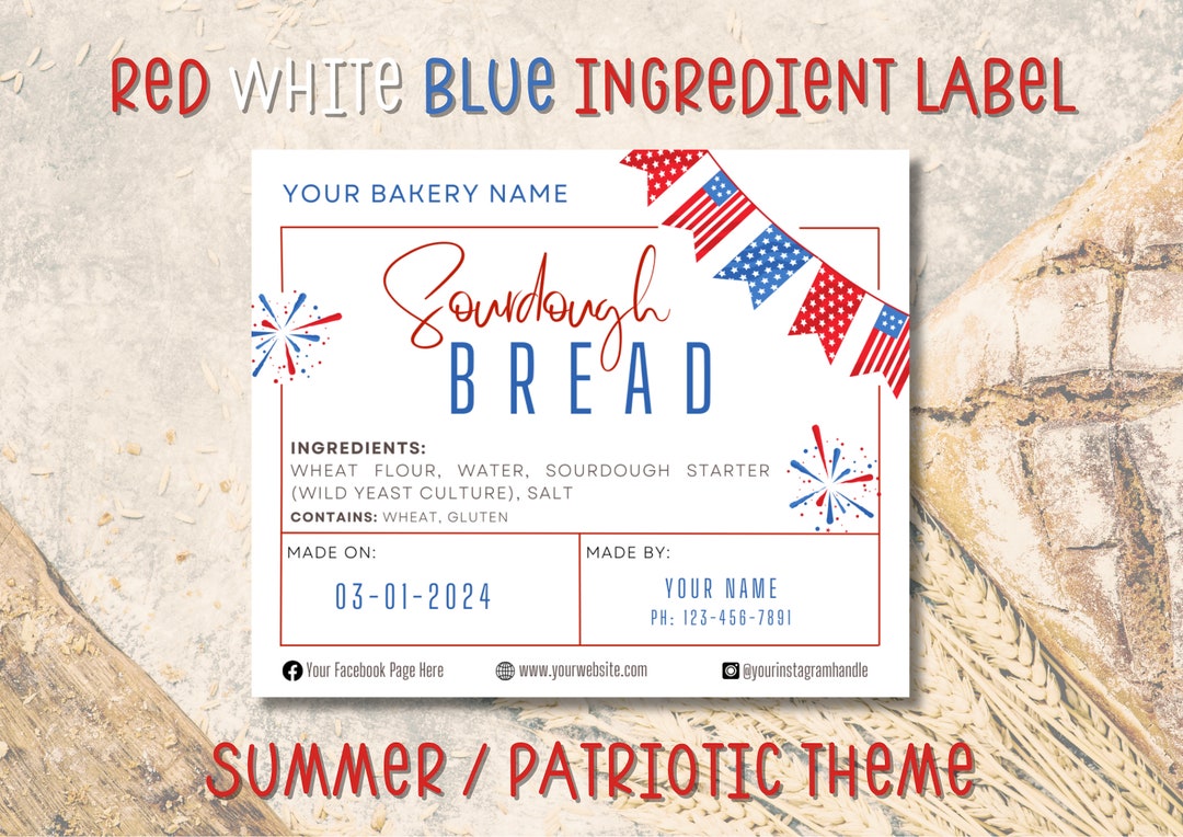 Patriotic Ingredient Label Card, Red, White, Blue Bread Stickers for ...