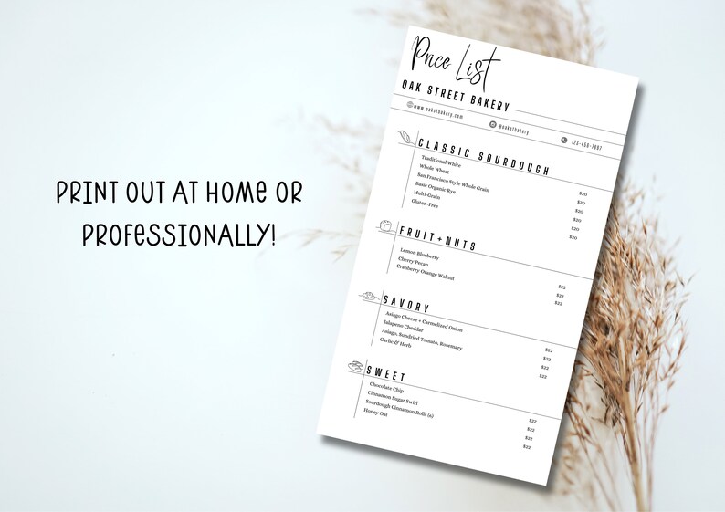 Sourdough Bread Price List, Loaf Pricing Print; Custom Bakery Menu ...