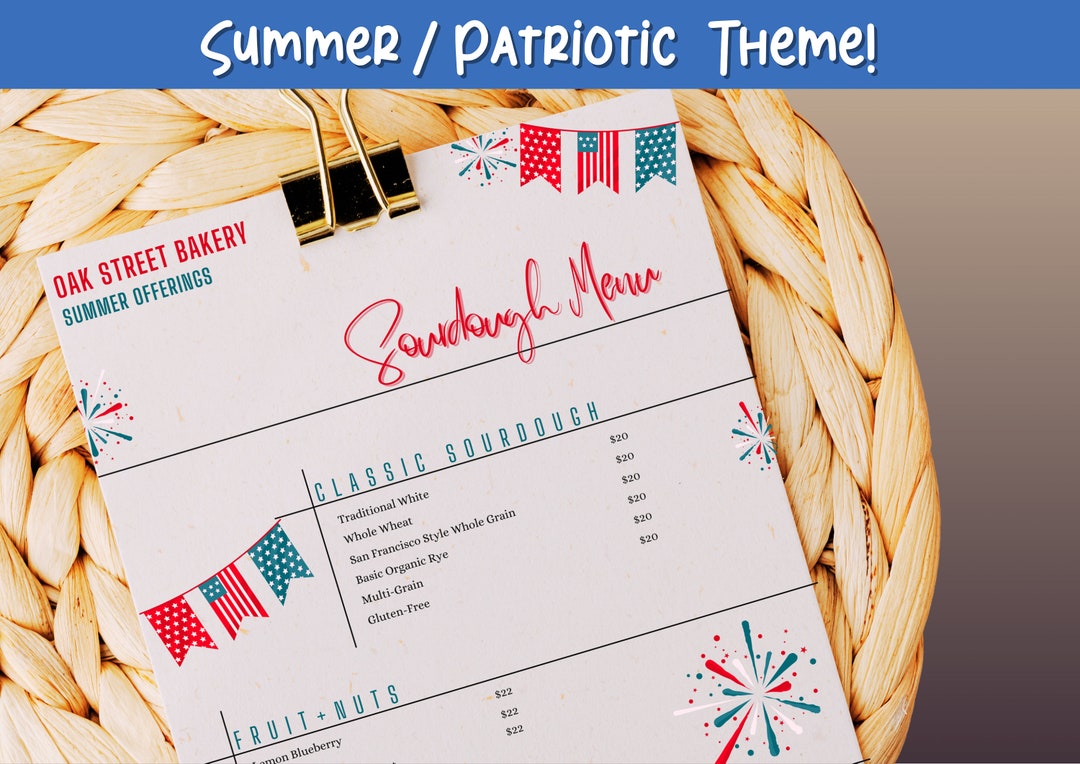 Patriotic Theme Sourdough Bread Menu, Summer Seasonal Pricing & Options ...