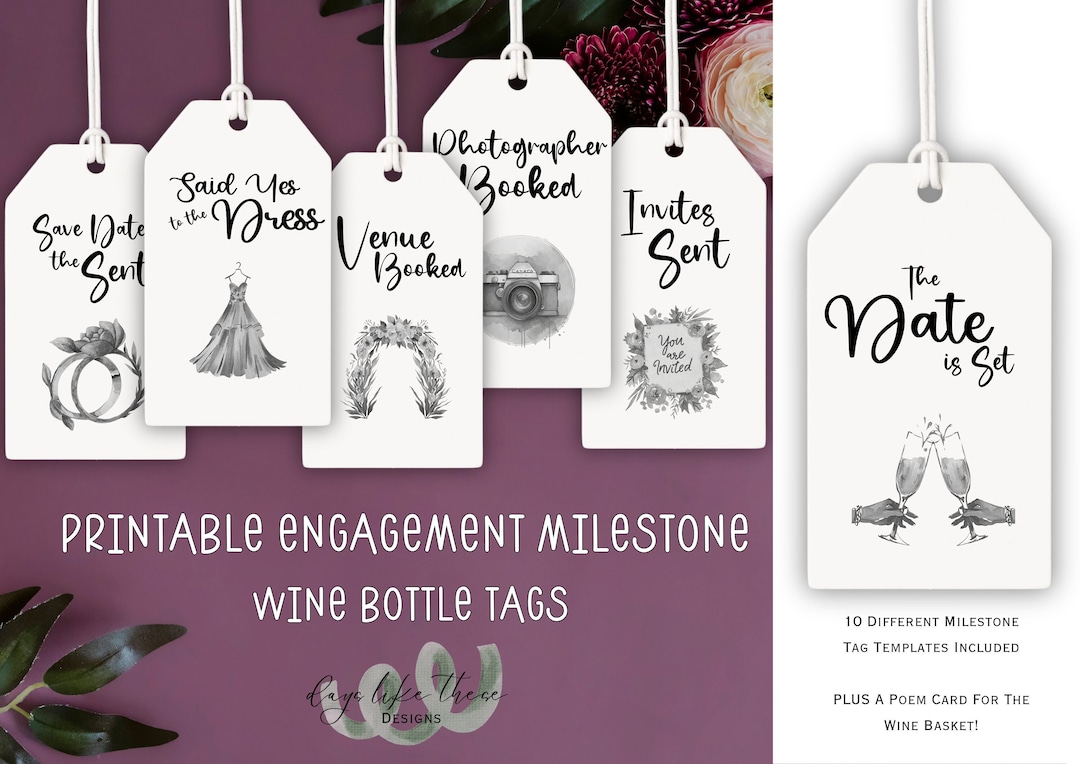 Engagement Milestone Wine Tags; Bridal Wine Basket Gift Tag; Bride Gift ...