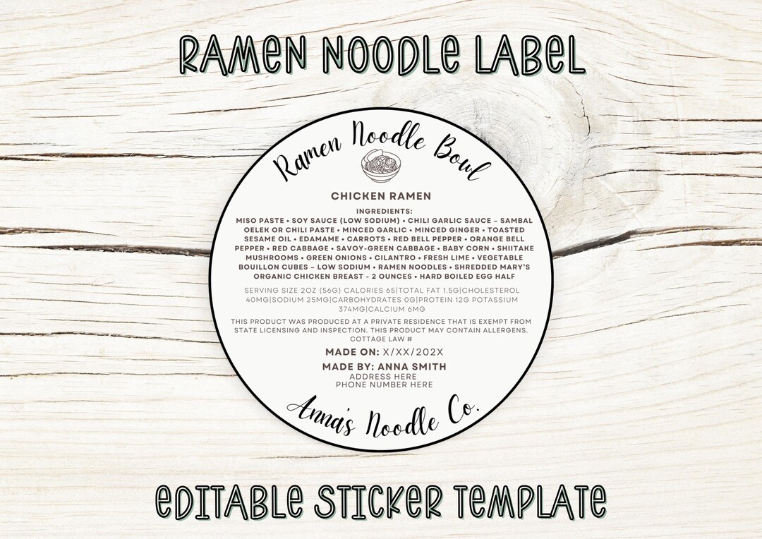 Cottage Law Ramen Ingredient Label, Ramen Noodle Business Label; Custom ...