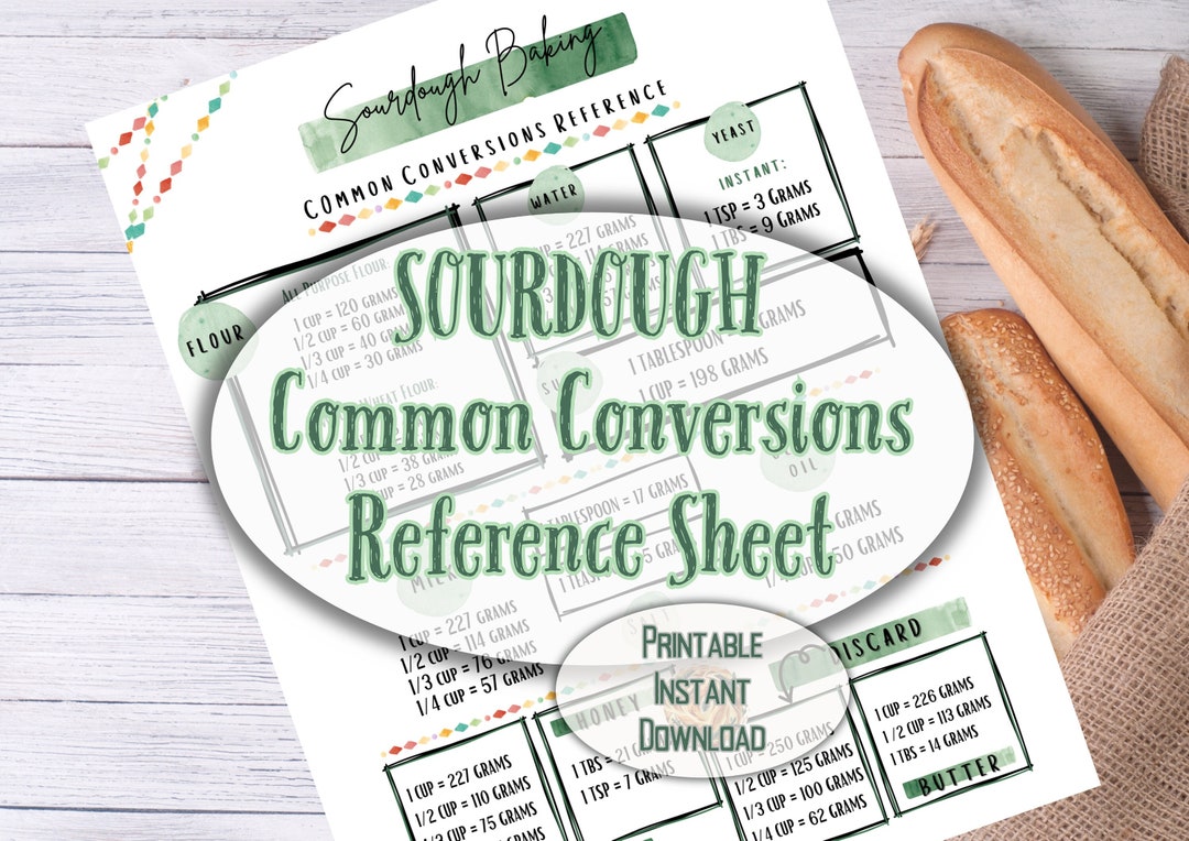Sourdough Baking Common Conversions Reference Sheet; Bread Ingredient ...