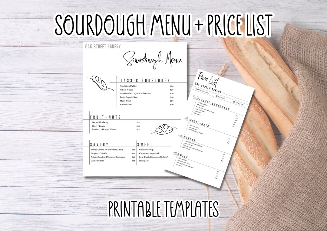 Sourdough Bread Menu, Pricing & Options List; Custom Bakery Business ...