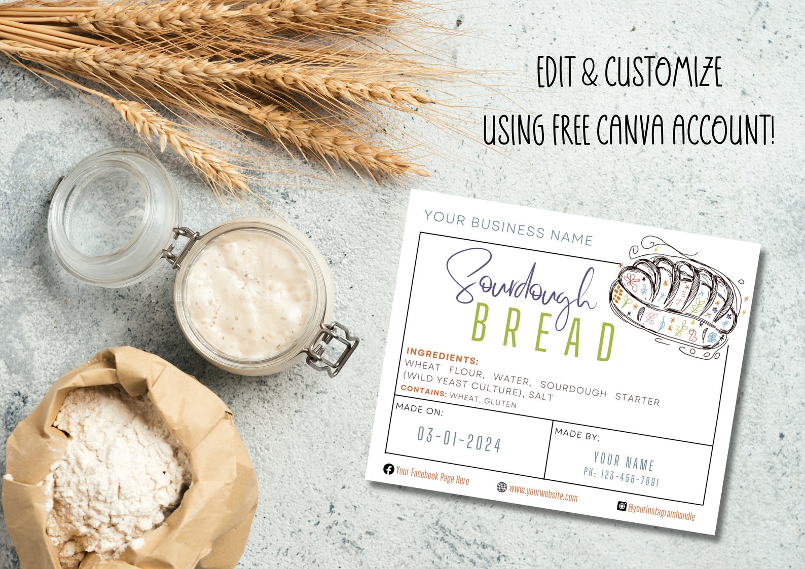 Colorful Sourdough Ingredient Label Card, Bread Made on & Made By ...