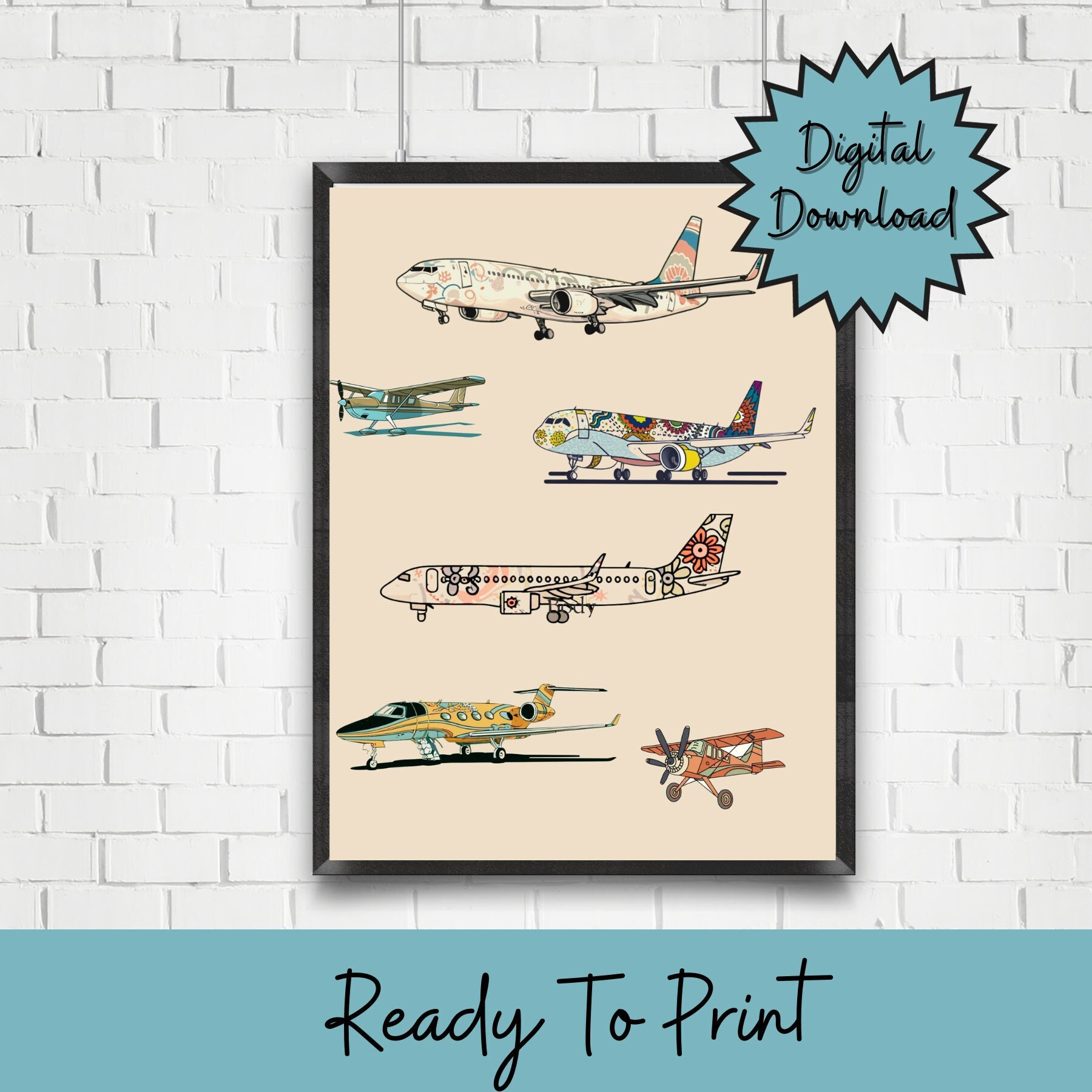 Boho Retro Airplane Wall Art, Aviation Decor Printable, Airplane ...