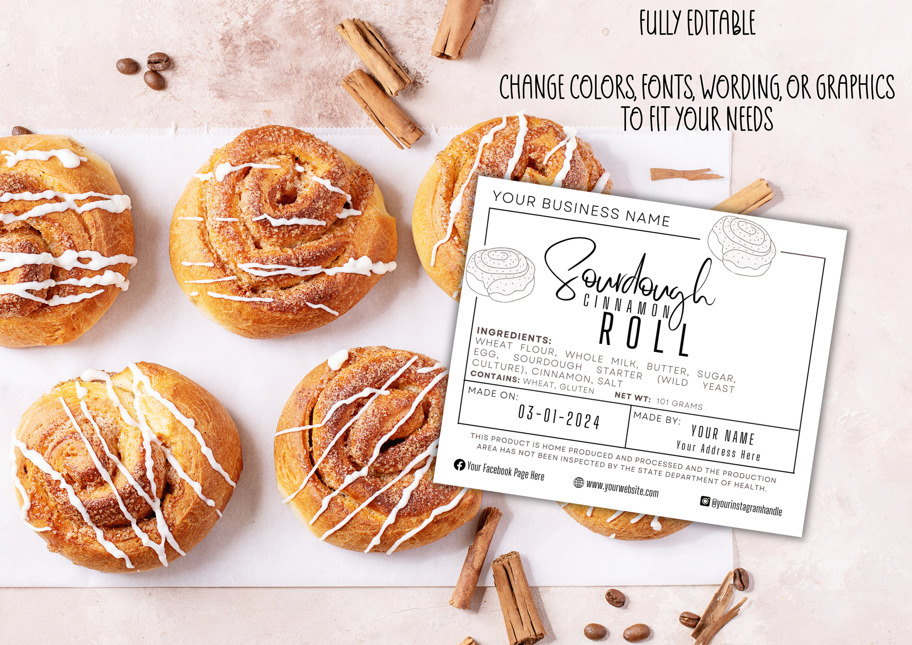Sourdough Cinnamon Roll Ingredient Label, Made on & Made by Card ...