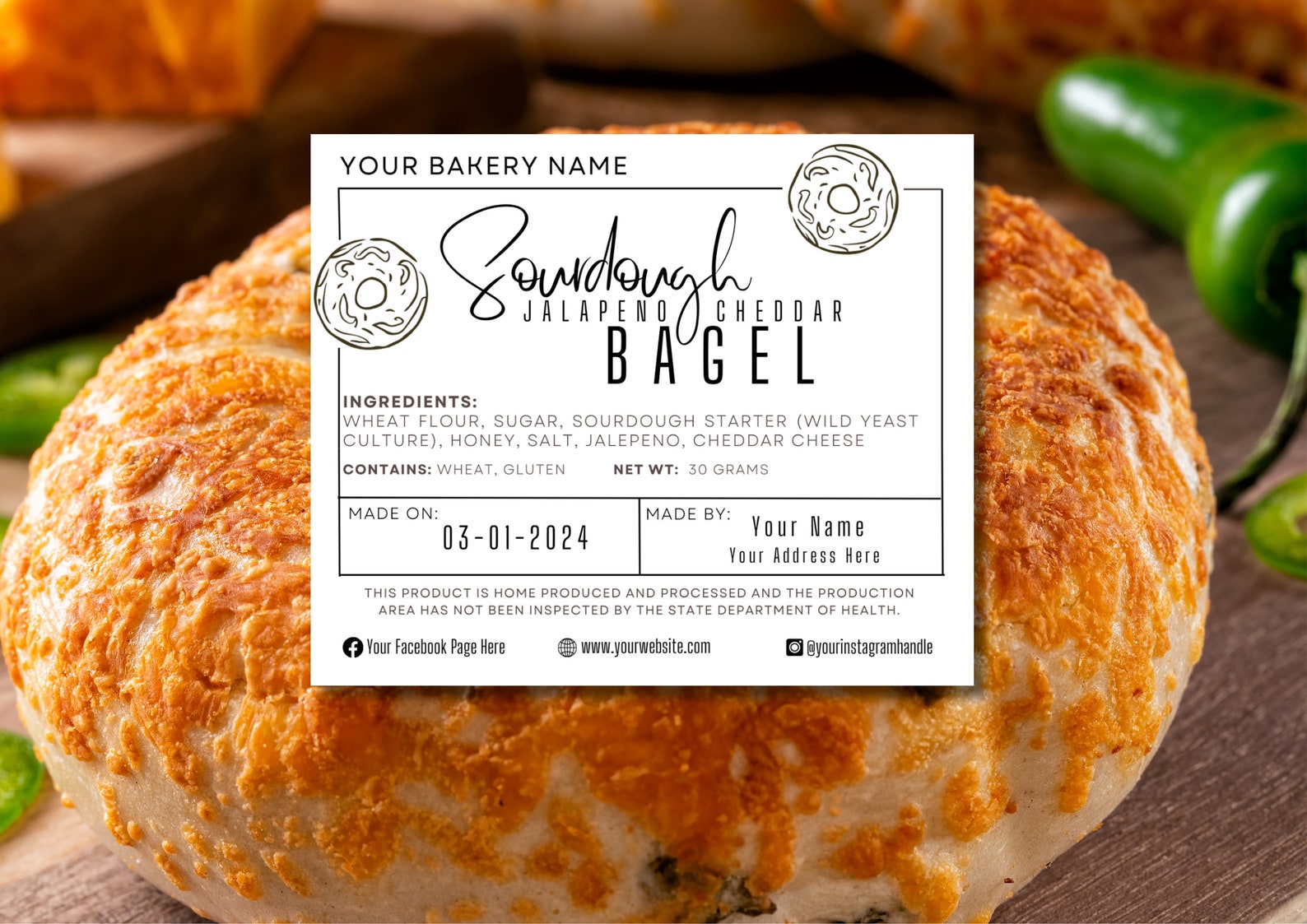 Sourdough Bagel Ingredient Label, Made on & Made by Card; Jalapeno ...