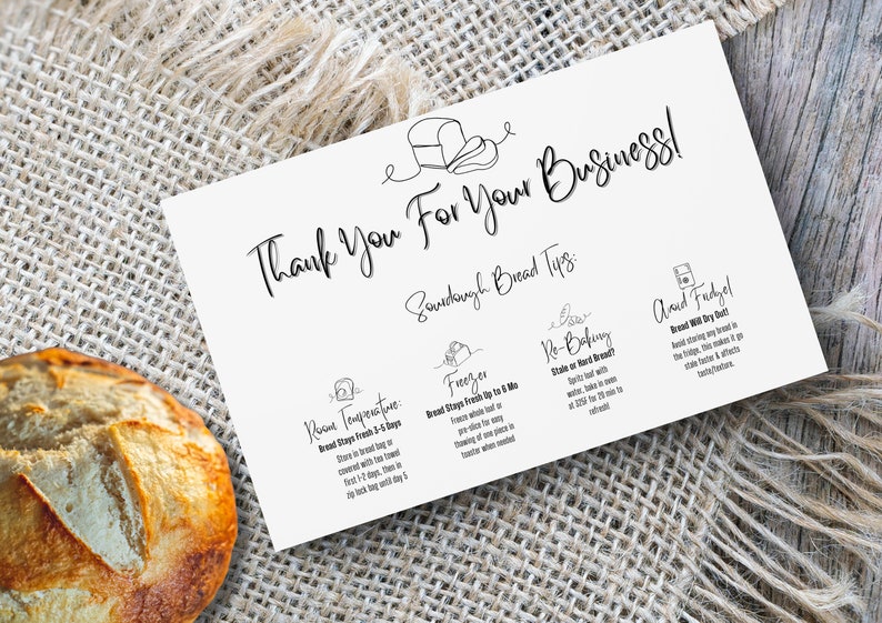 Sourdough Care Card, Bread Thank You; Printable Bread Loaf Storage ...