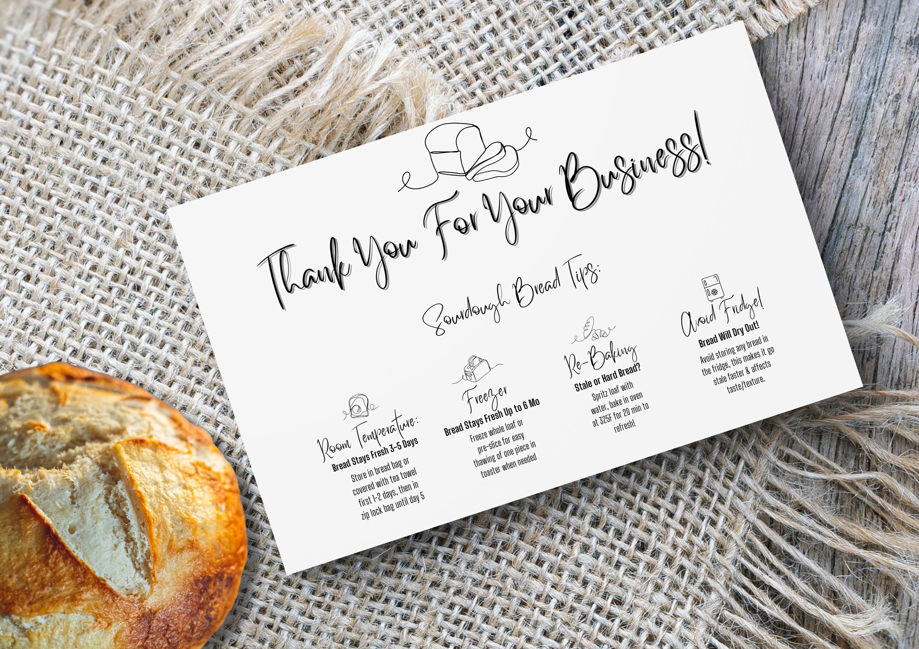 Sourdough Care Card, Bread Thank You; Printable Bread Loaf Storage ...