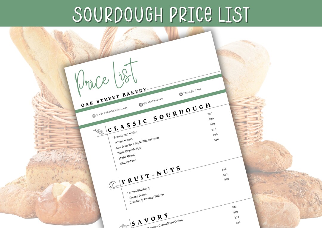 Sourdough Bread Price List, Loaf Pricing Print; Custom Bakery Menu ...