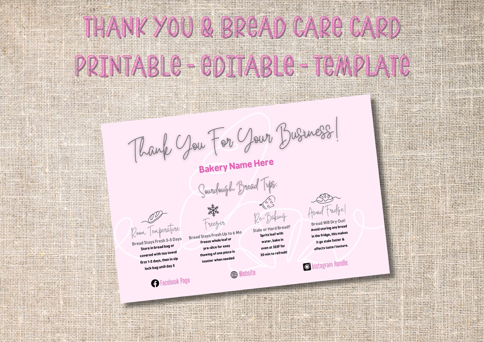 Sourdough Care Card, Bread Thank You; Bread Loaf Storage Instructions ...