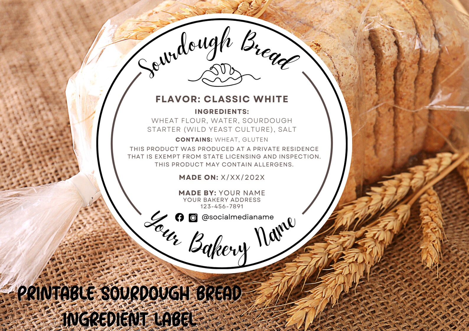 Cottage Law Sourdough Ingredient Label, Bread Bakery Business Label ...