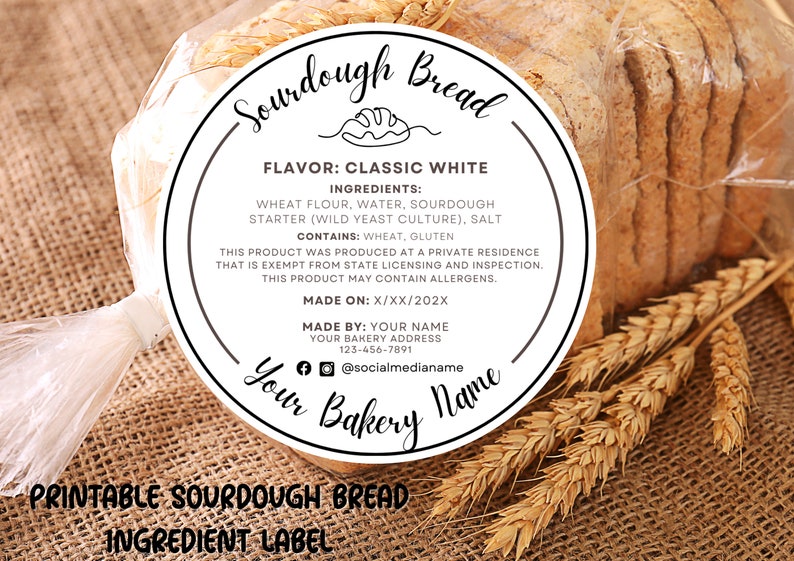 Cottage Law Sourdough Ingredient Label, Bread Bakery Business Label ...
