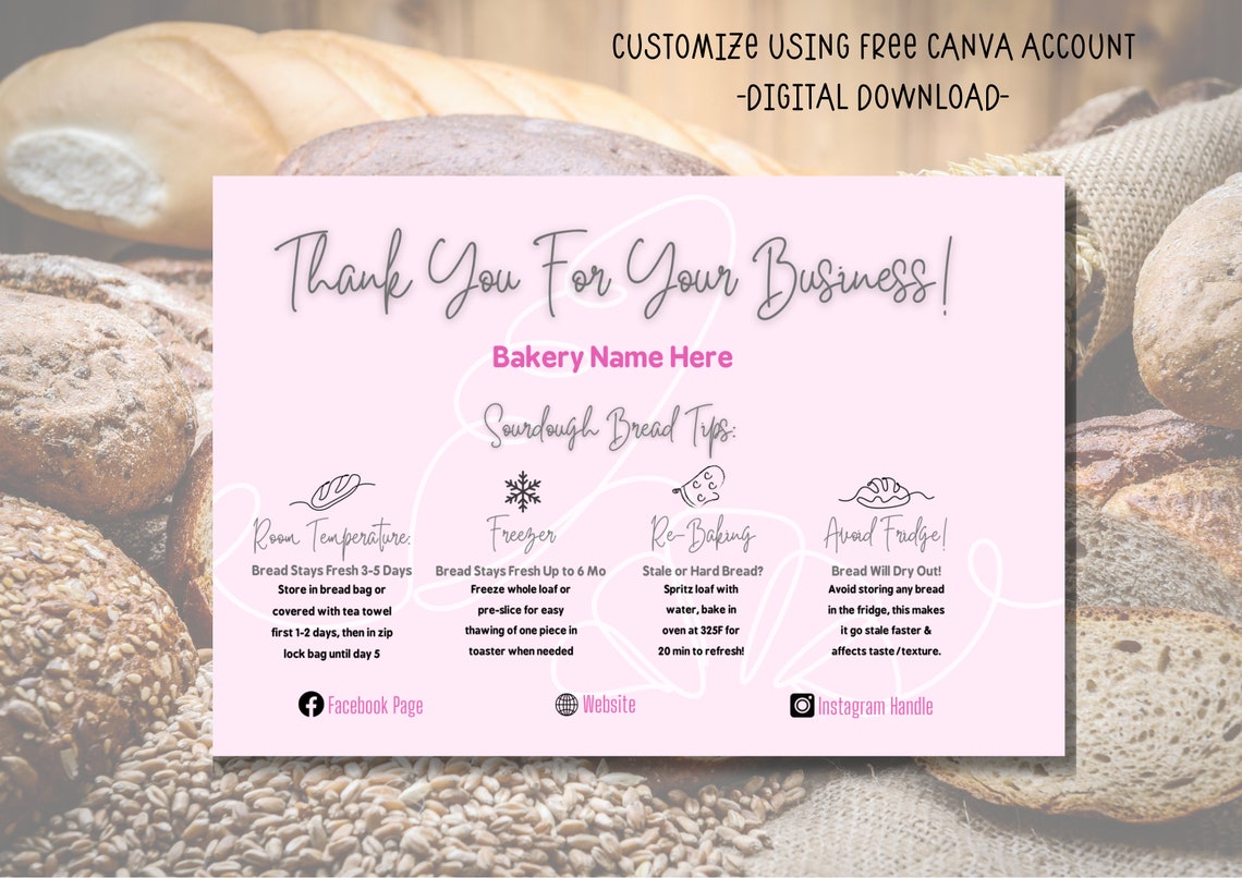 Sourdough Care Card, Bread Thank You; Bread Loaf Storage Instructions ...