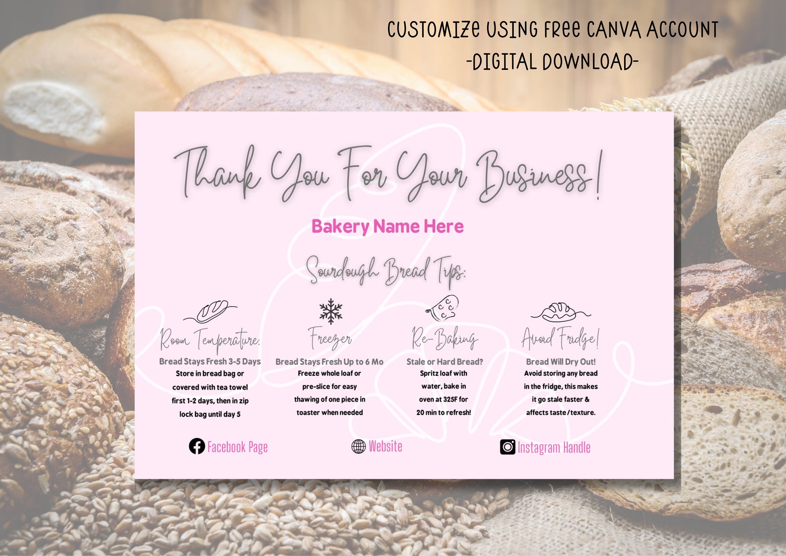 Sourdough Care Card, Bread Thank You; Bread Loaf Storage Instructions ...