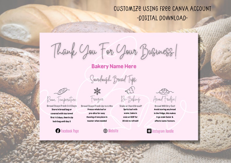 Sourdough Care Card, Bread Thank You; Bread Loaf Storage Instructions ...