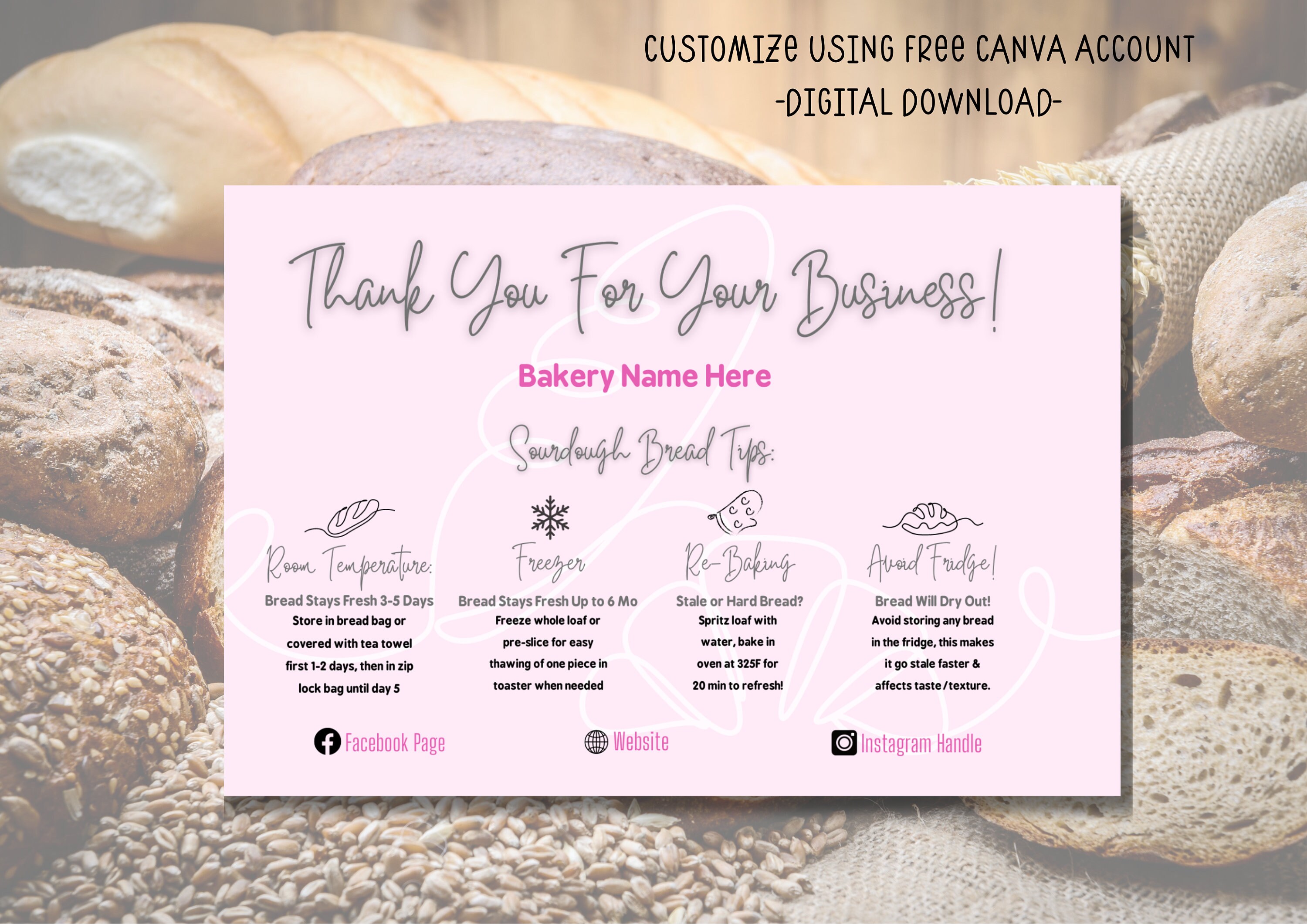 Sourdough Care Card, Bread Thank You; Bread Loaf Storage Instructions ...