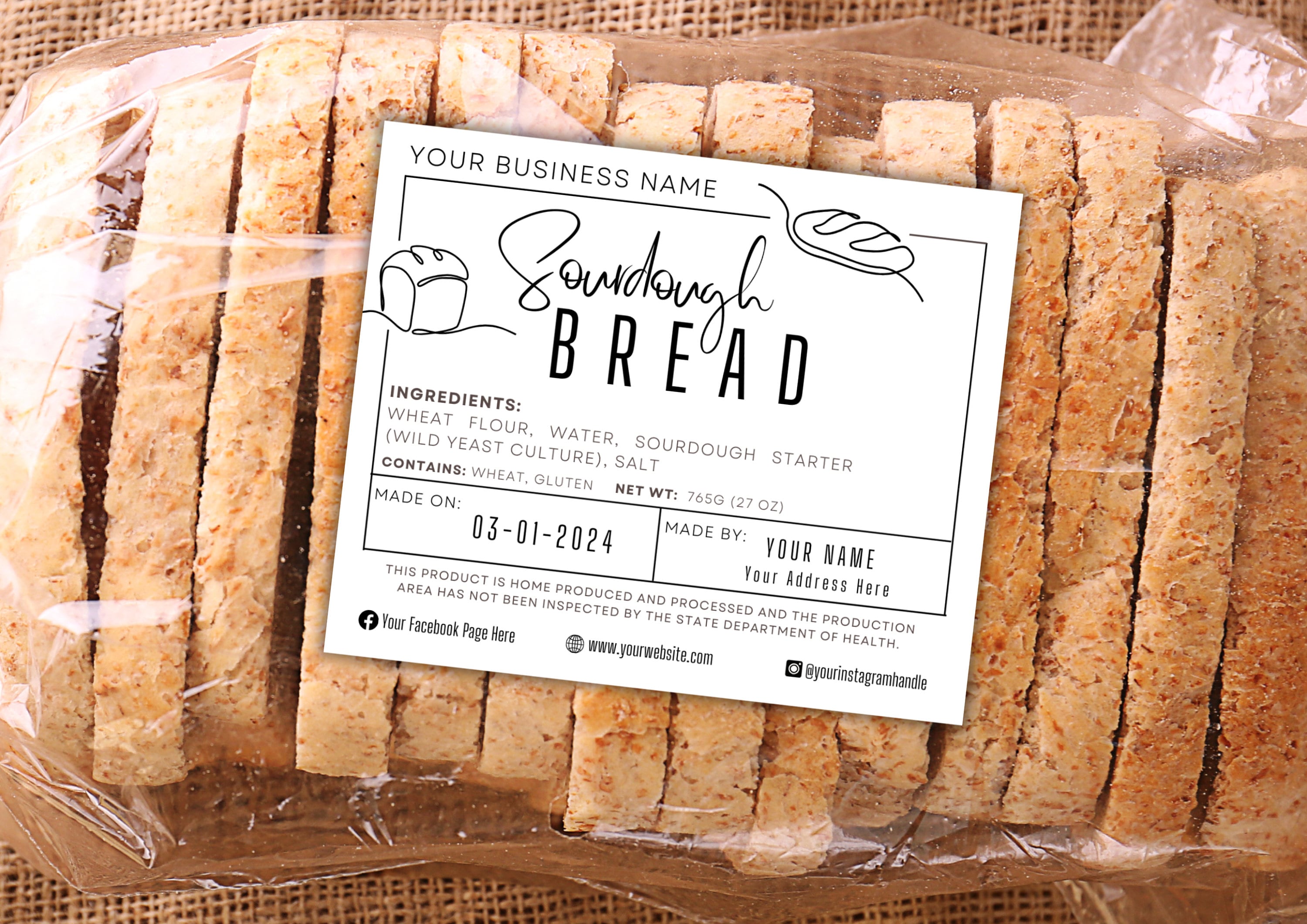 Cottage Law Sourdough Ingredient Label, Bread Bakery Business Label ...