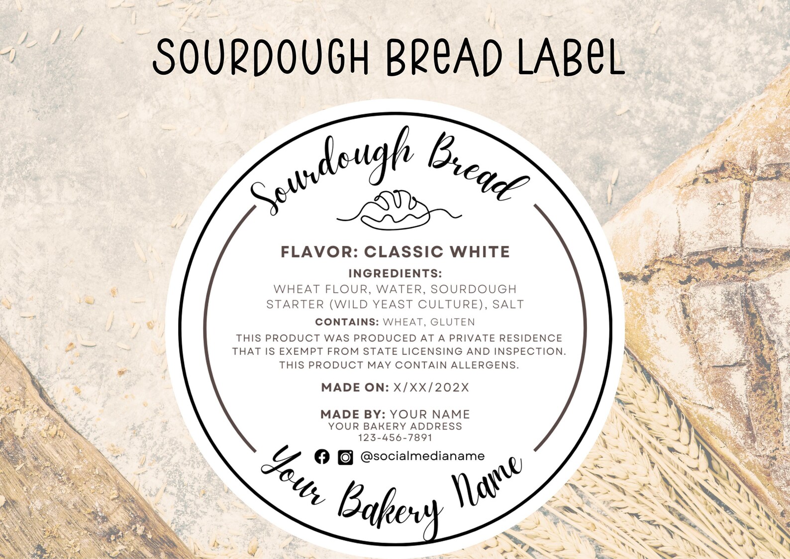 Cottage Law Sourdough Ingredient Label, Bread Bakery Business Label ...