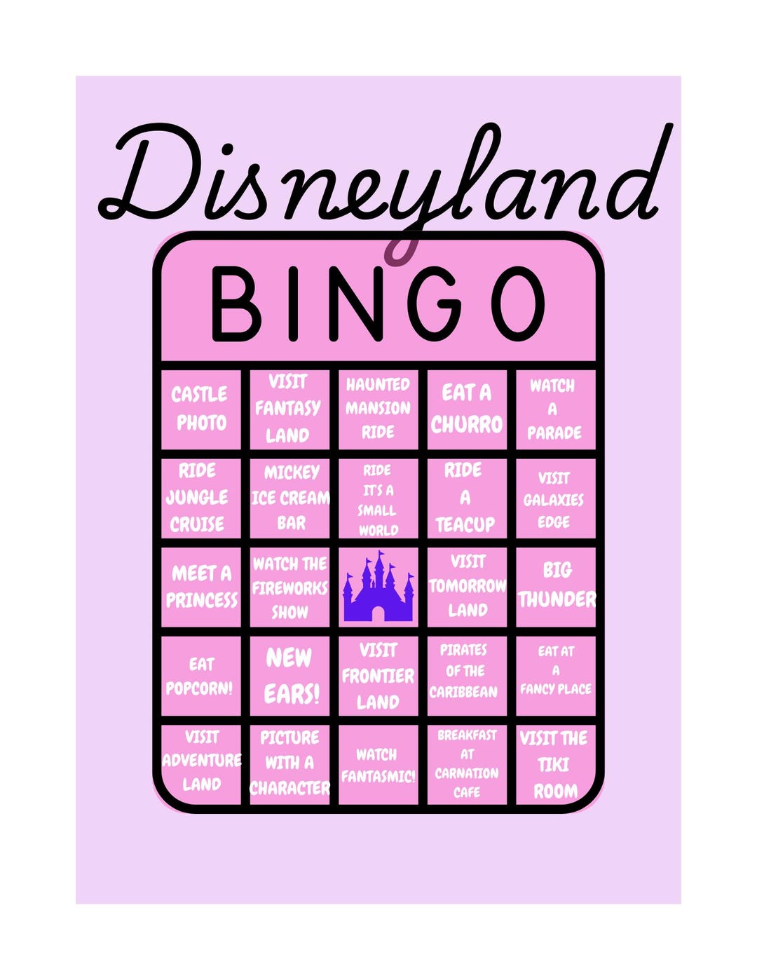 Disneyland BINGO CARD - Etsy