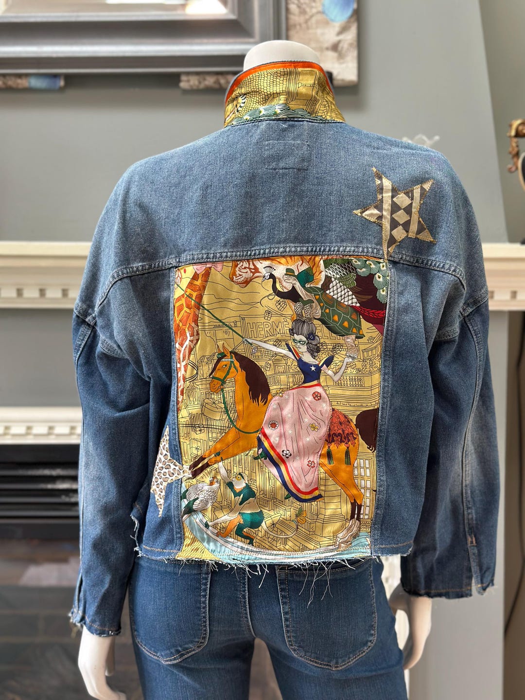 Statement Upcycled Denim Jacket. Upcycled Denim Jacket. 100% Silk Scarf ...