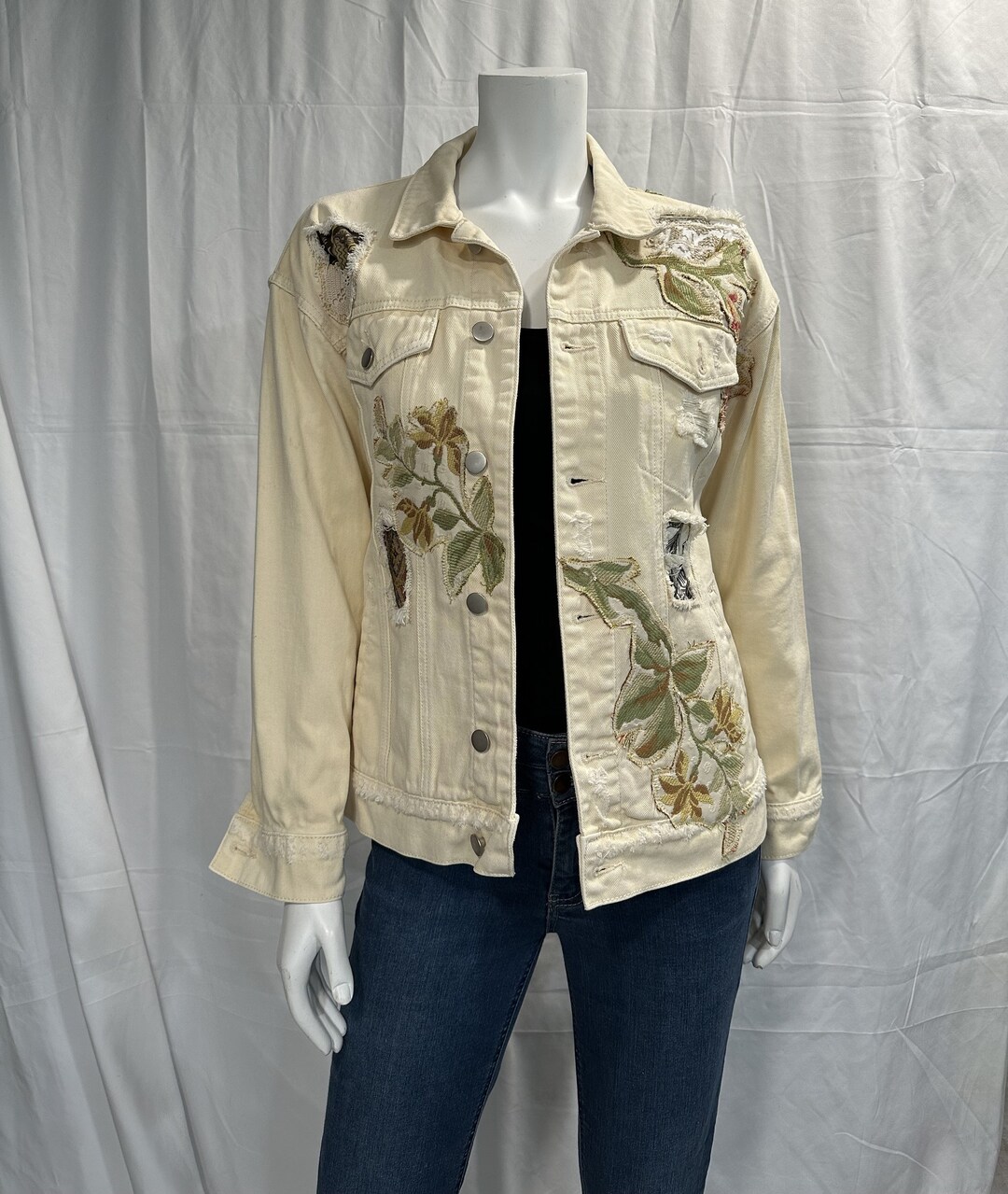 Upcycled Floral Applique Denim Jacket, Vintage Fabrics - Etsy