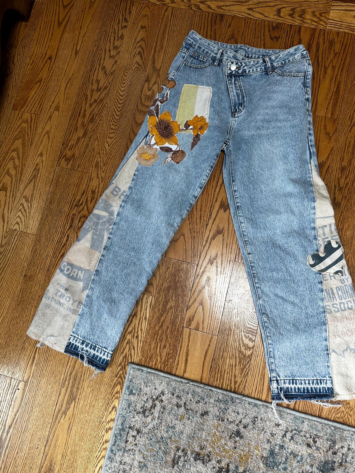 Upcycled Bell Bottom Jeans, Vintage Seed Sack Patches, Handmade Denim ...