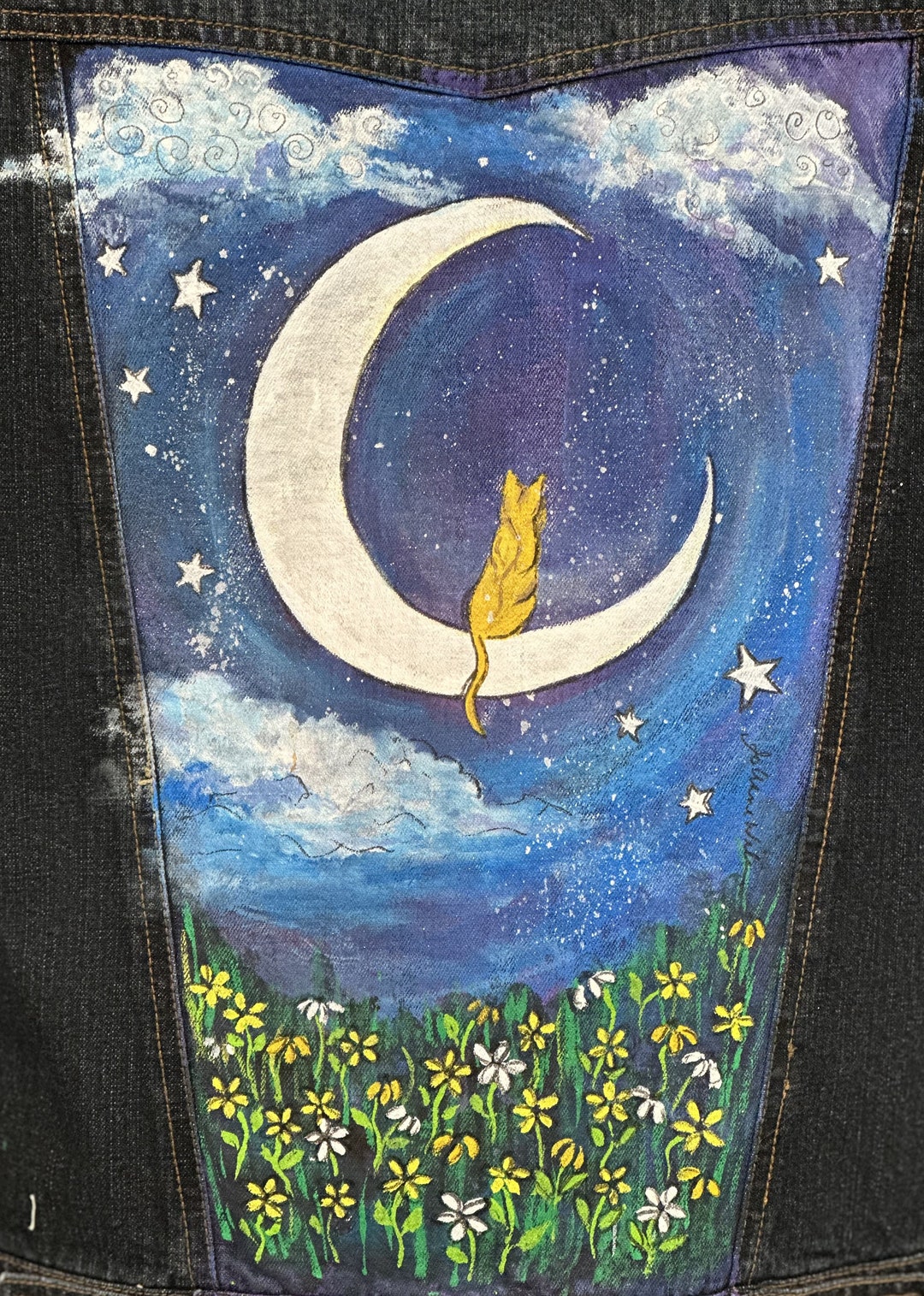 Celestial Crescent Moon and Kitty. Upcycled Hand Painted Denim Trucker ...