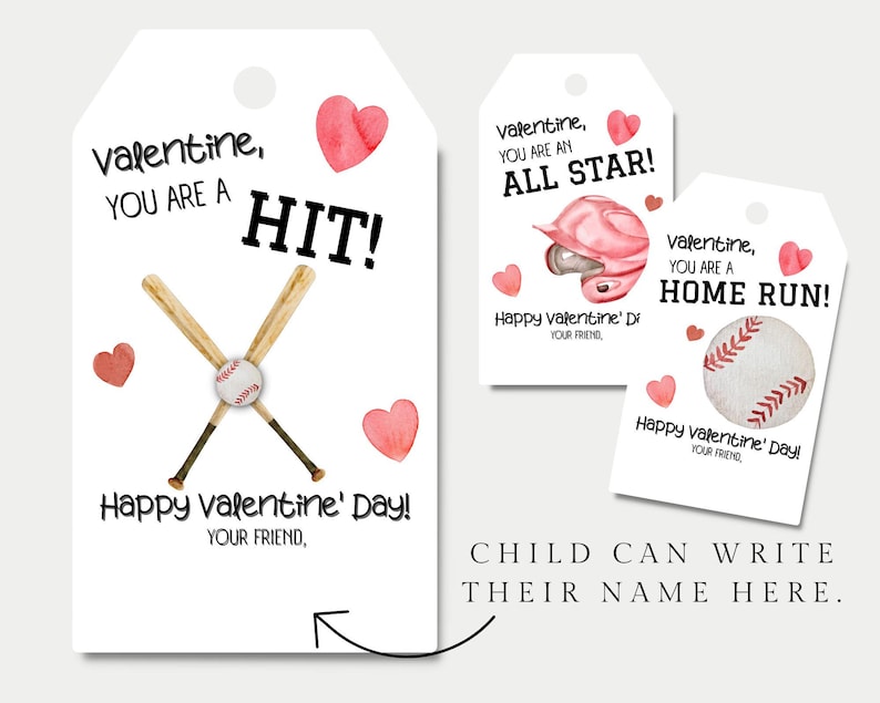 Kids Baseball Valentines, Baseball Valentines Day Tags, Baseball Card ...