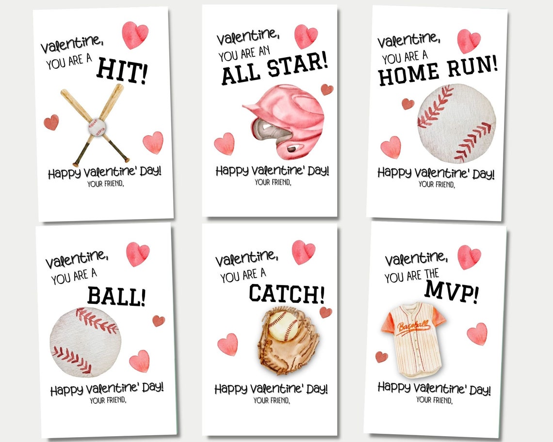 Kids Baseball Valentines, Baseball Valentines Day Tags, Baseball Card ...
