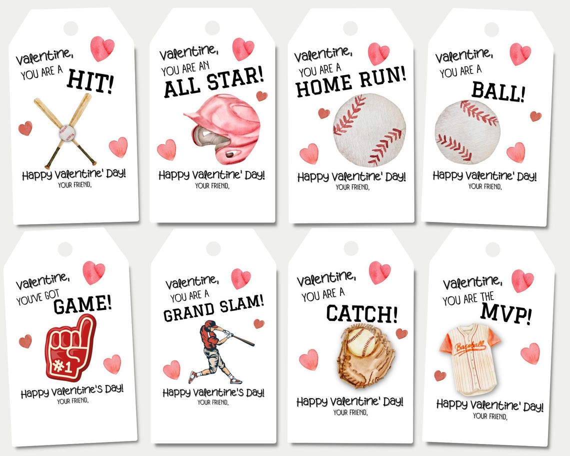 Kids Baseball Valentines, Baseball Valentines Day Tags, Baseball Card ...