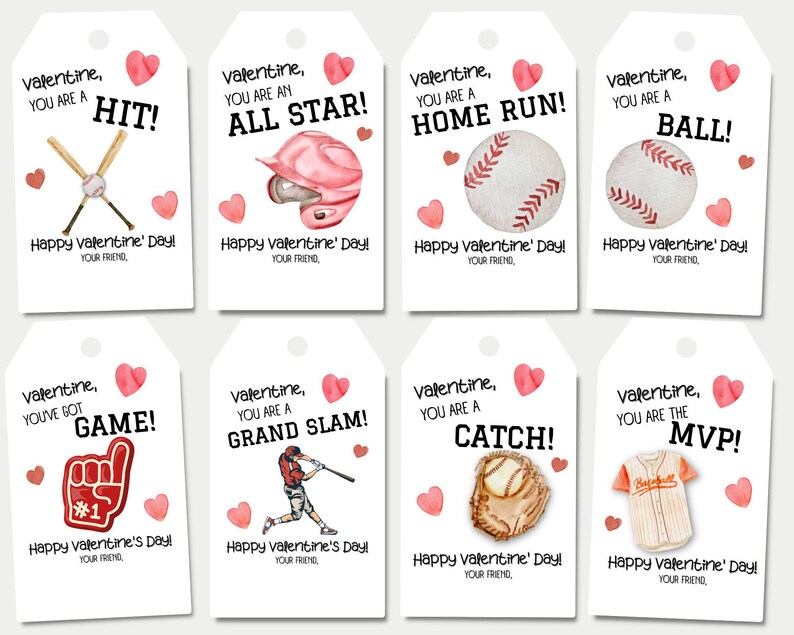 Kids Baseball Valentines, Baseball Valentines Day Tags, Baseball Card ...